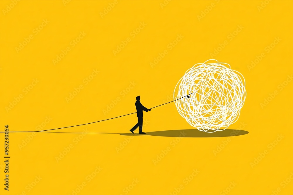 Person pulling a bright, tangled ball of string, representing the ...