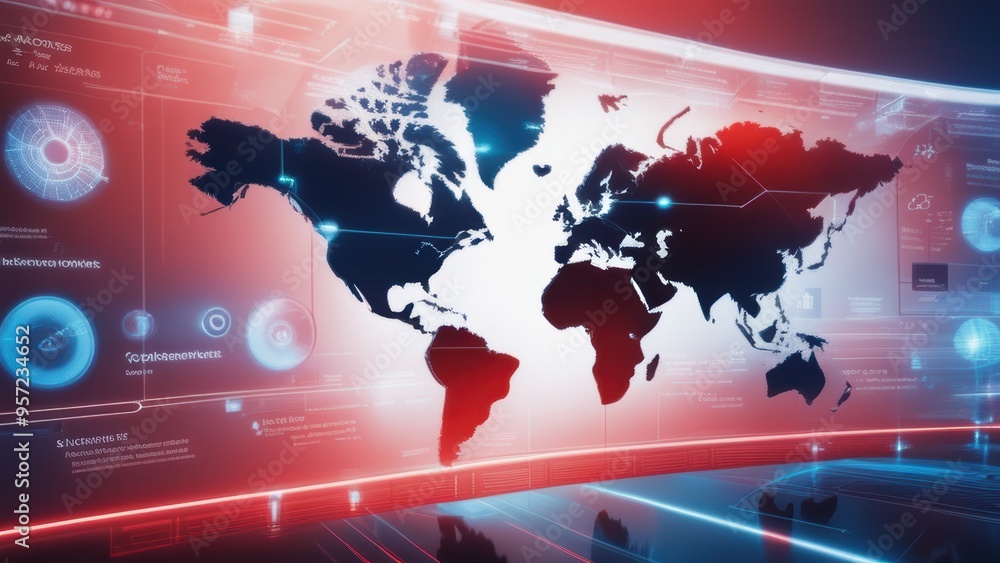 Digital world map dashboard with cool-toned data points and ...