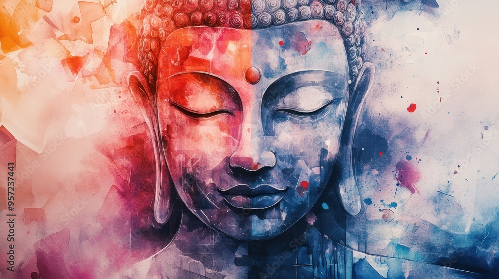 Abstract Buddha with a modern twist, using bold watercolor splashes and ...
