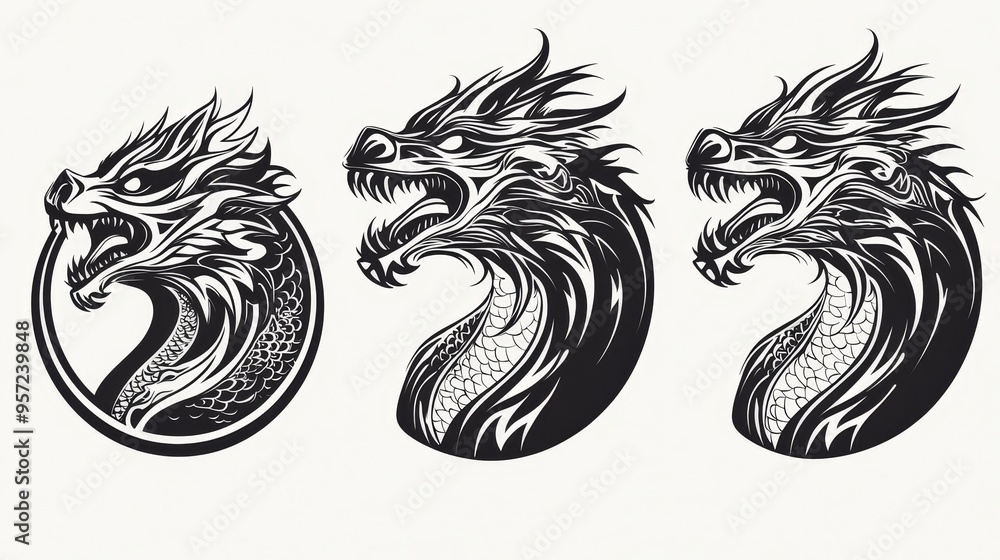 Three Black and White Dragon Heads in Circular Curved and Straight ...