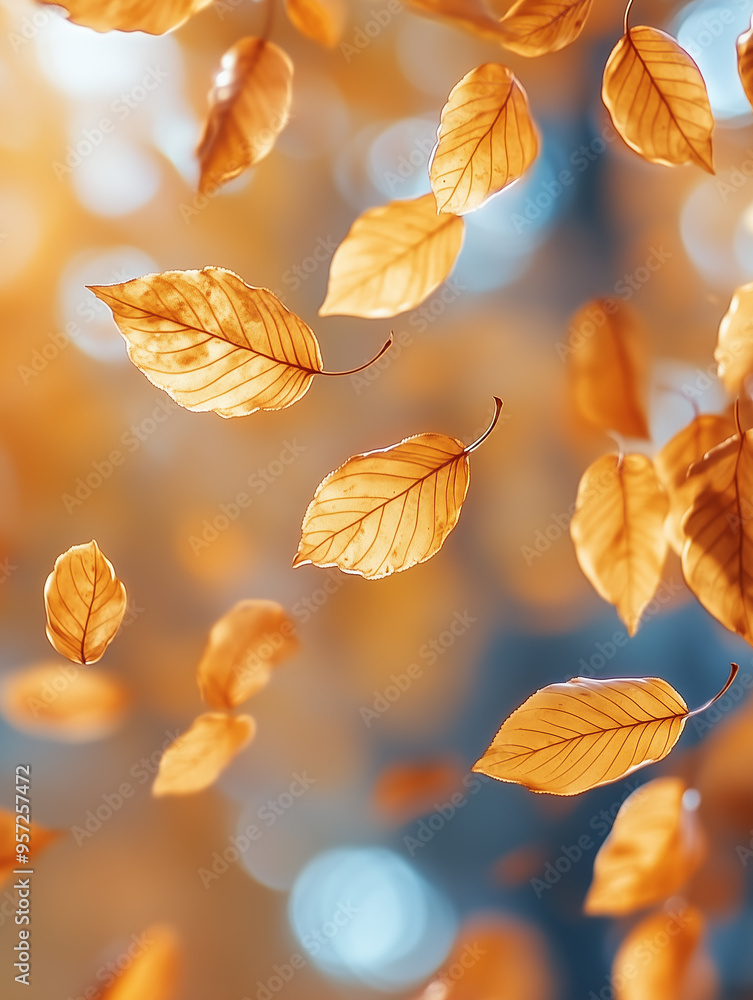 Autumn leaves in vibrant gold drift gently downwards, surrounded by a ...