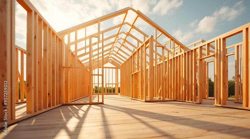 A wooden frame of a building under construction against a blue sky. It ...