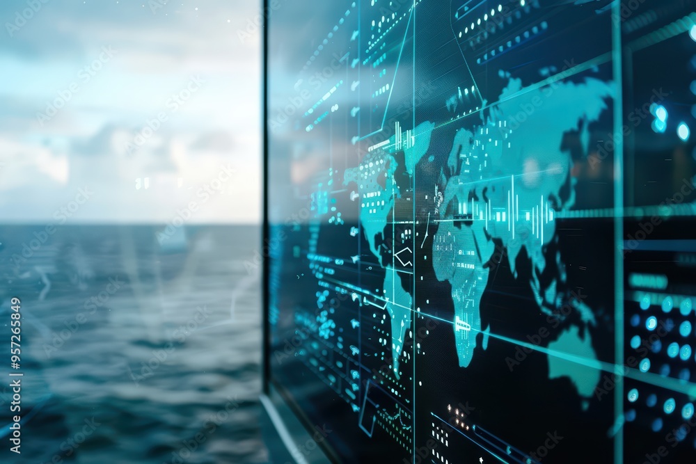 A digital map overlaying the ocean, showcasing global connections and ...