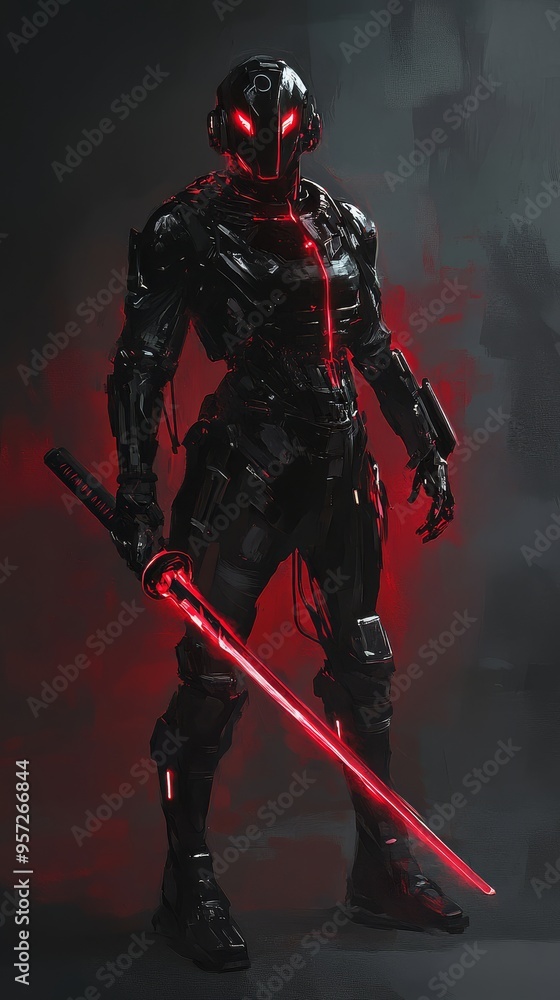 Futuristic game hero stands ready for battle in a dramatic setting ...