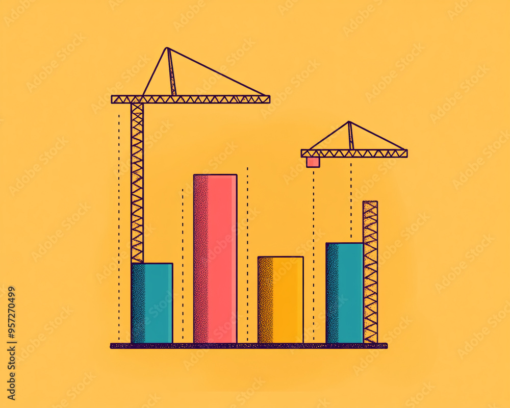 Colorful bar graph with construction cranes, representing growth and ...