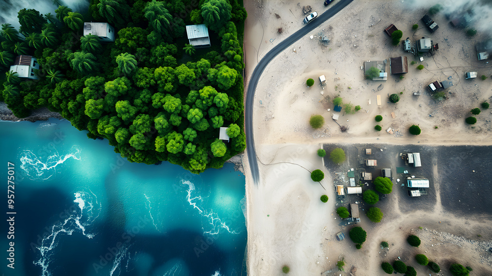 top view A contrast of two worlds: one side depicting a lush, green ...