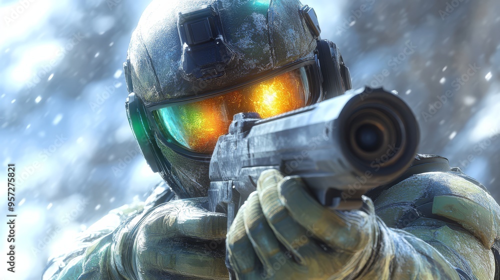 supeheroic game character targeting enemies in a stunning snow covered ...