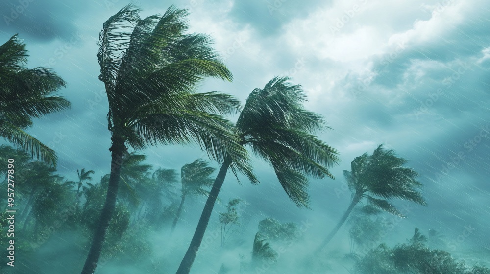 Gale-force winds bending palm trees during a tropical storm, extreme ...