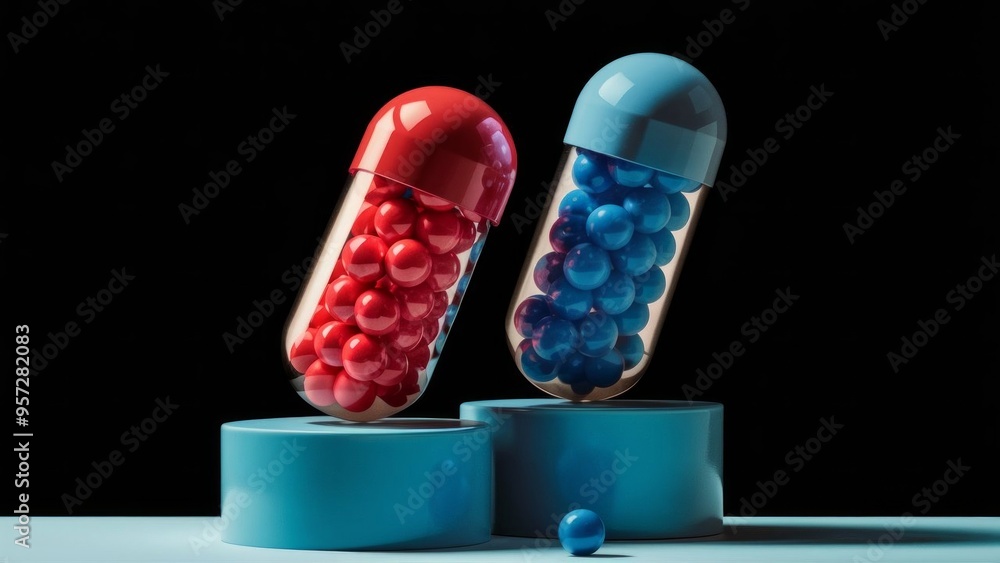 Two medical pills, red and blue drug gel capsules isolated on black ...