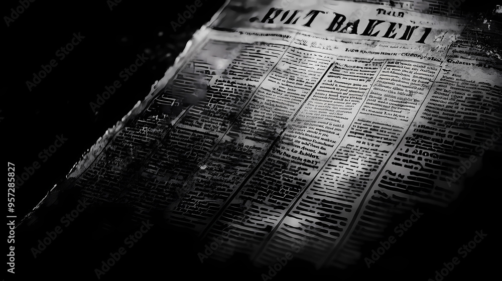 Overlay of historical newspaper print, on black background, generative ...