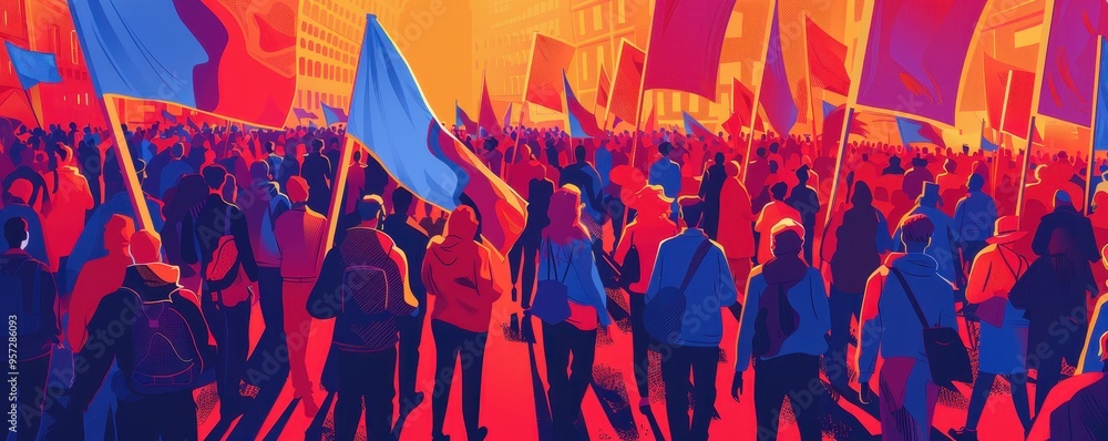 Vibrant digital illustration of a crowd of people holding flags in a ...