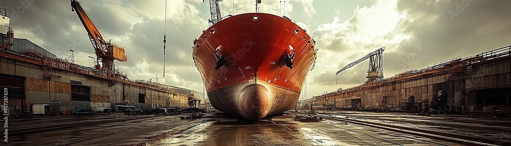 At a sprawling shipyard, massive cranes lift steel beams onto the hull ...