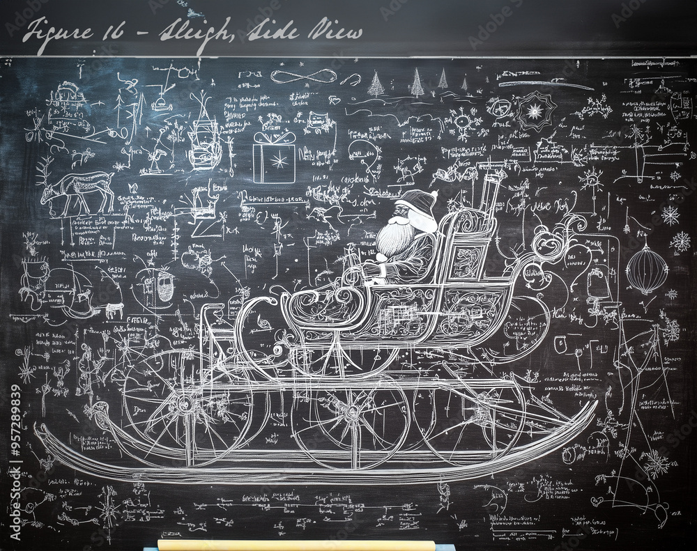 An engineering diagram for Santa's sleigh on a chalkboard. Highly ...