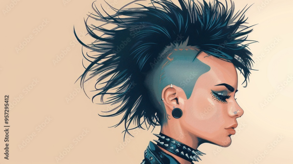 An artistic depiction of a punk girl with a mohawk and a fierce ...