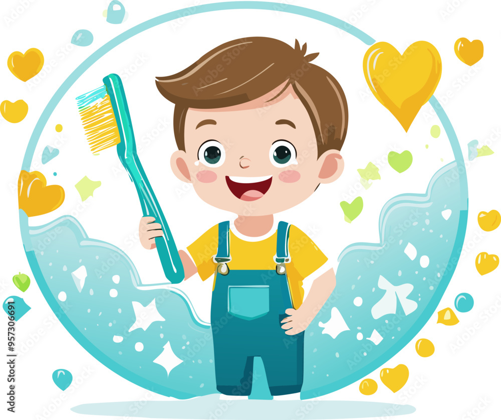 Cartoon happy cute kid boy hold toothbrush, before clean teeth ...