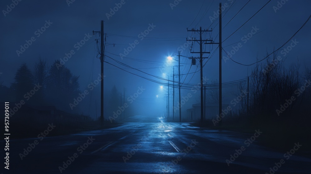 A dramatic night scene with illuminated electric poles casting light on ...