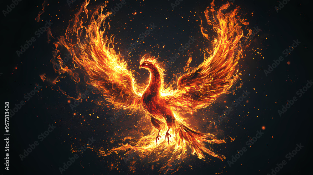Illustration of a phoenix in fire. symbol of rebirth. fenix with ...