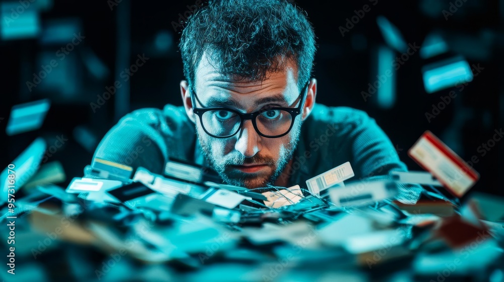 Man caught in a tangled web of credit cards, dark background, financial ...