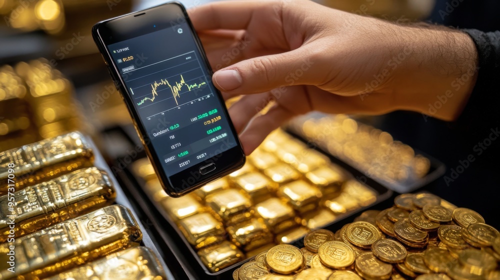 A hand holding a smartphone with a live gold price chart app open ...