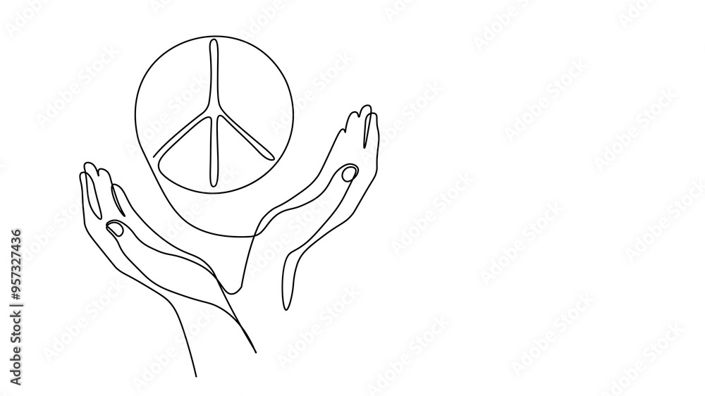 Poster Continuous one single line art peace symbol in hands – Wall Art ...