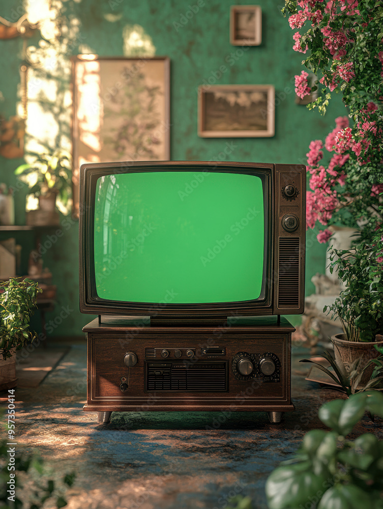 Retro vintage portable television in old style interior with chroma key ...