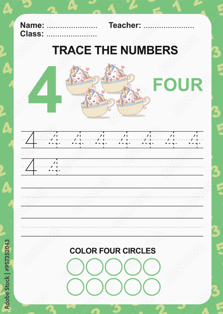 Trace and write number for children. Exercise for children to recognize ...