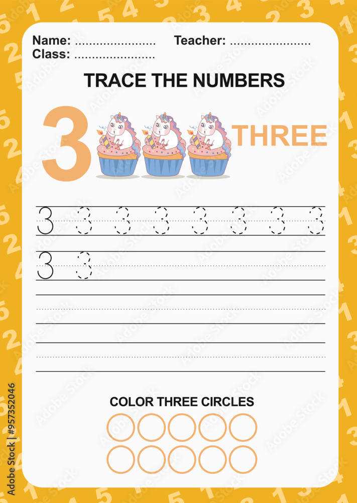 Trace and write number for children. Exercise for children to recognize ...