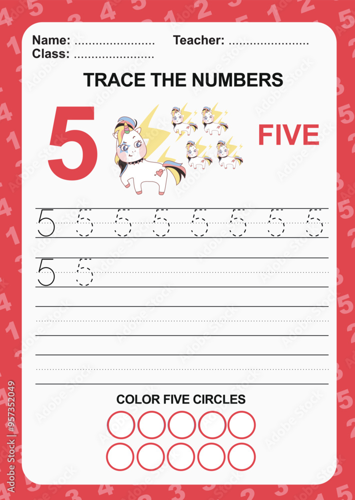 Trace and write number for children. Exercise for children to recognize ...