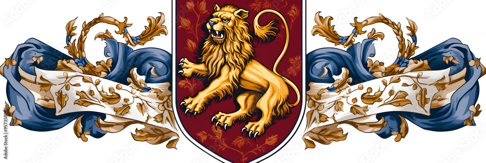 Heraldic Imagery with Rampant Lion on Golden Shield and Castle Crests ...