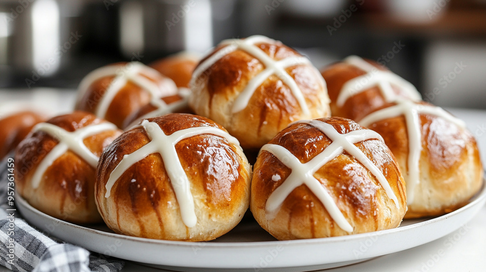 golden hot cross buns sits on a white table, symbolizing tradition and ...