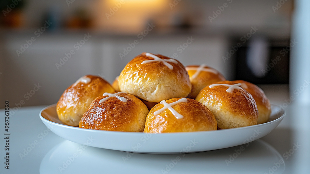 golden hot cross buns sits on a white table, symbolizing tradition and ...