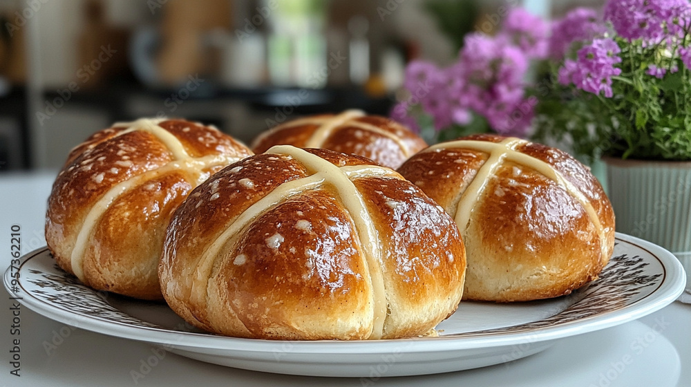 golden hot cross buns sits on a white table, symbolizing tradition and ...