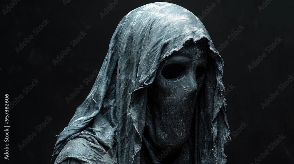 A hooded figure with a dark mask and intense eyes stares directly at ...