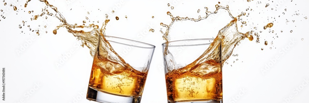 Two glasses of tequila are clinked together in a joyful toast ...