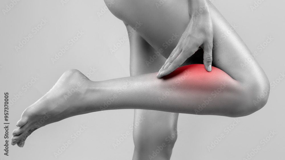Woman touching her calf suffering from sudden leg cramp, feeling pain ...