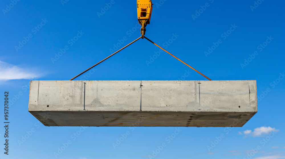 Large crane lifting a concrete block on a construction site during ...