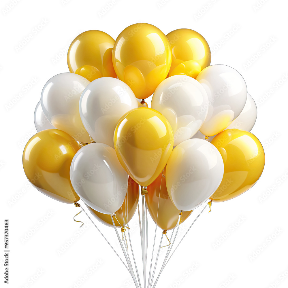 A group of white and yellow balloons are tied together with strings ...