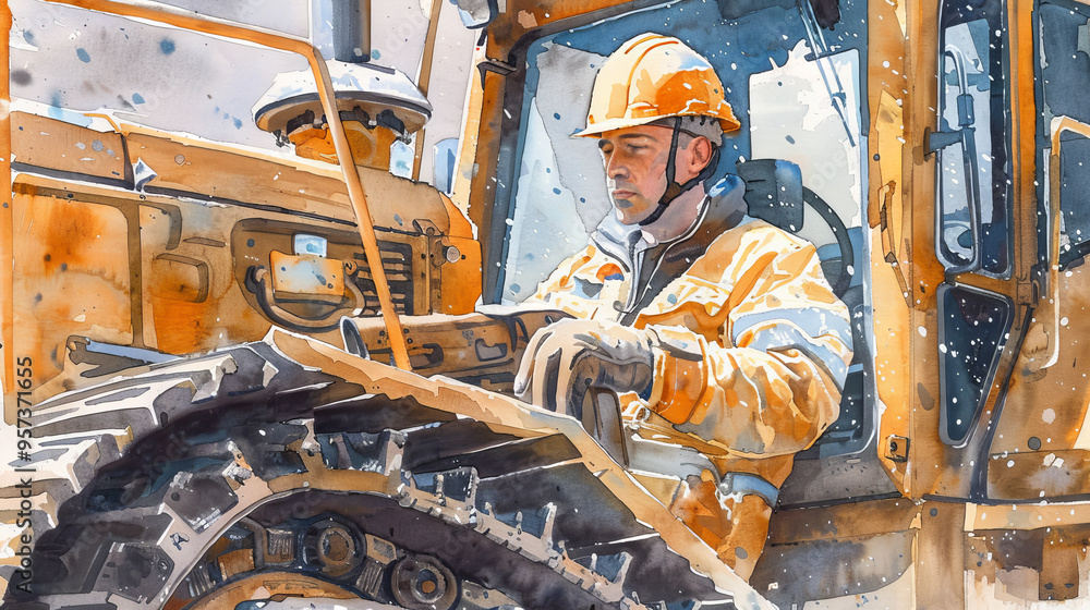 Watercolor Illustration of a Construction Worker Operating Heavy ...