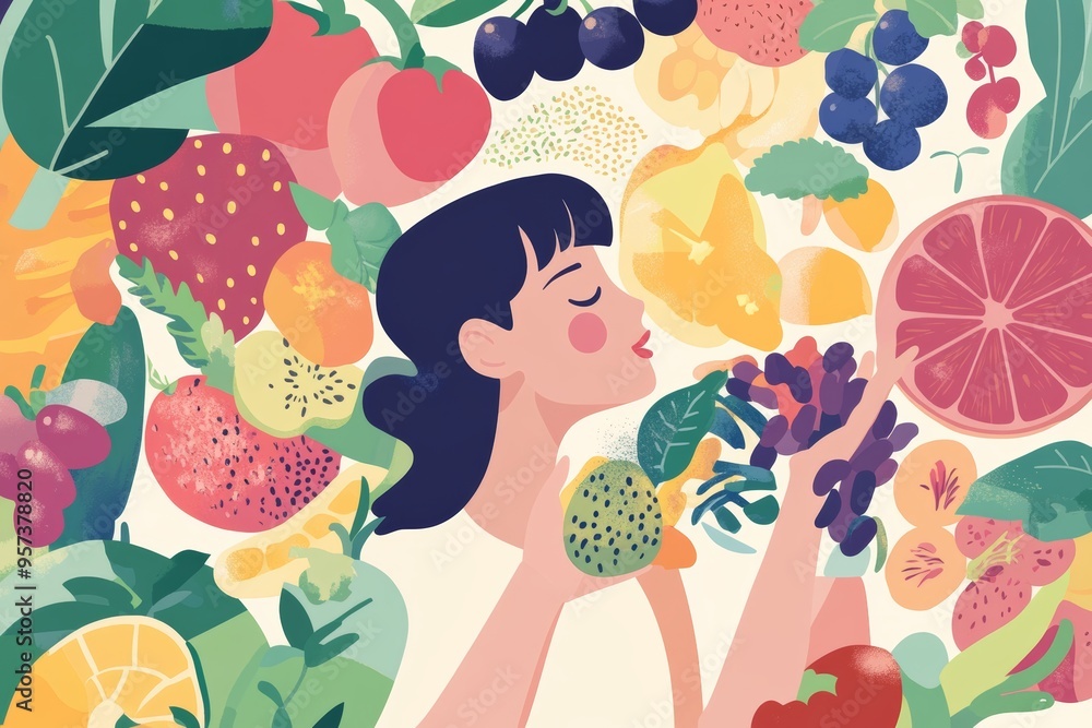 colorful array of foods with different textures and aromas, fruits ...