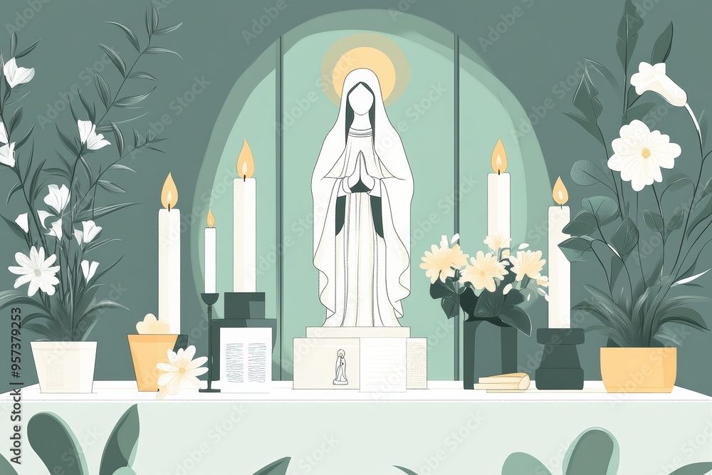 Flat illustration of a peaceful altar setup for the Feast of Our Lady ...