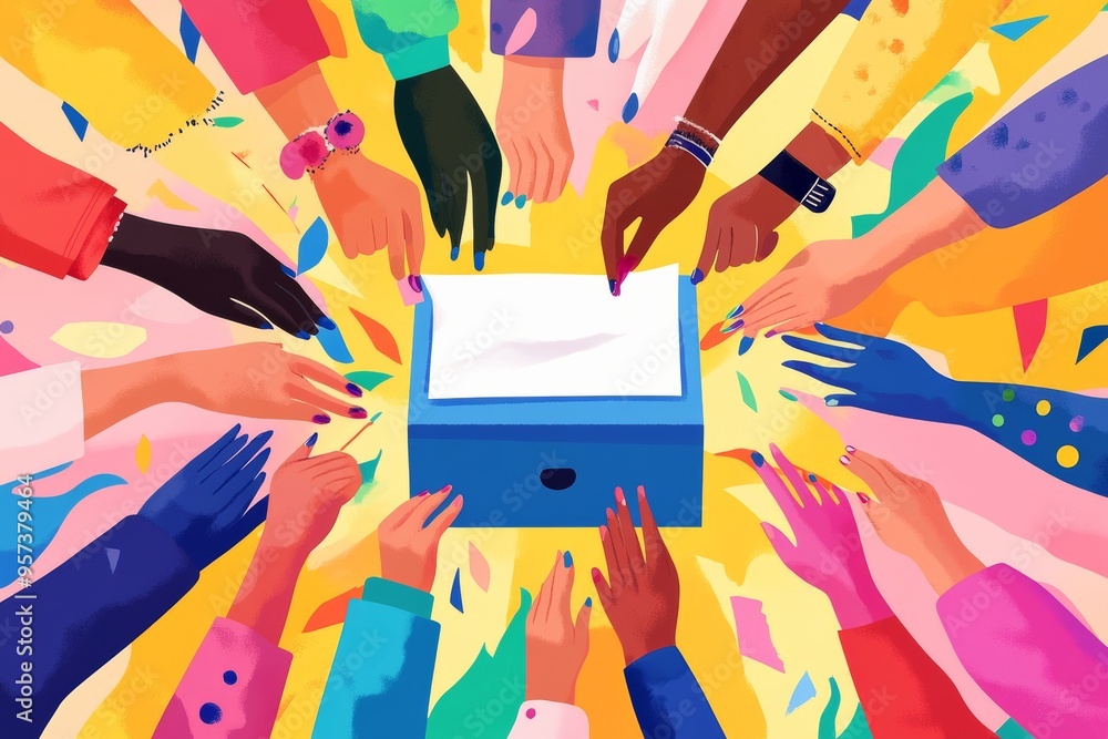 Flat illustration of symbolic ballot box, diverse hands, each casting a ...