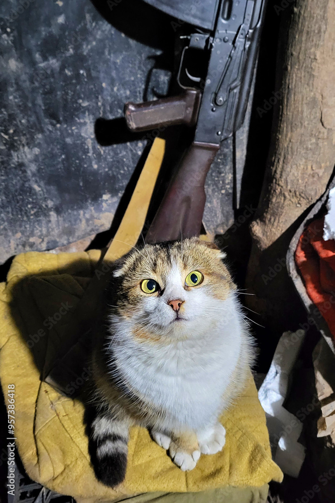 The cat sits in position, at the front, combat operations. near a ...