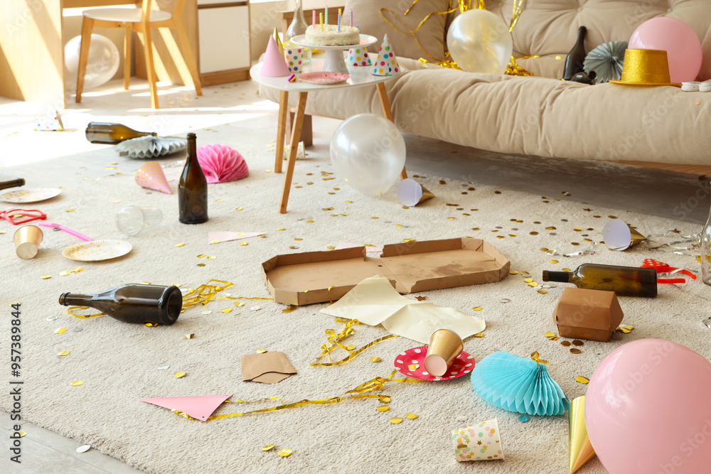 Carpet with rubbish and party decor in messy living room after Birthday ...