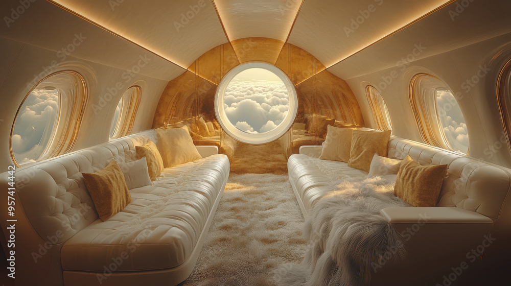 Exclusive private jet interior with circular window and cloud view ...