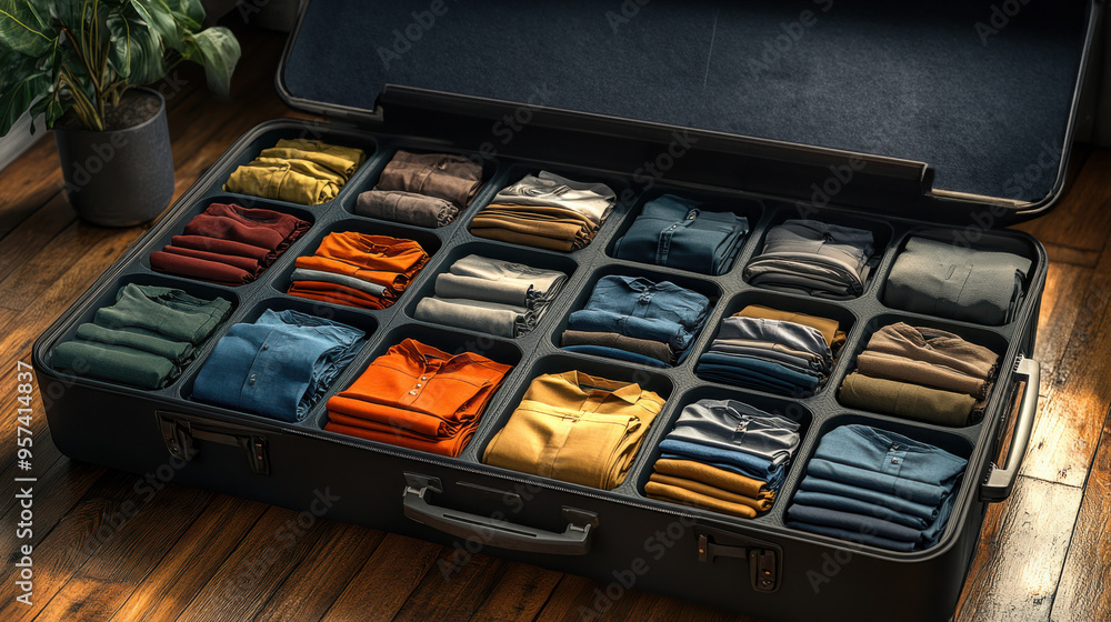 Perfectly organized suitcase with neatly folded clothes, travel packing ...