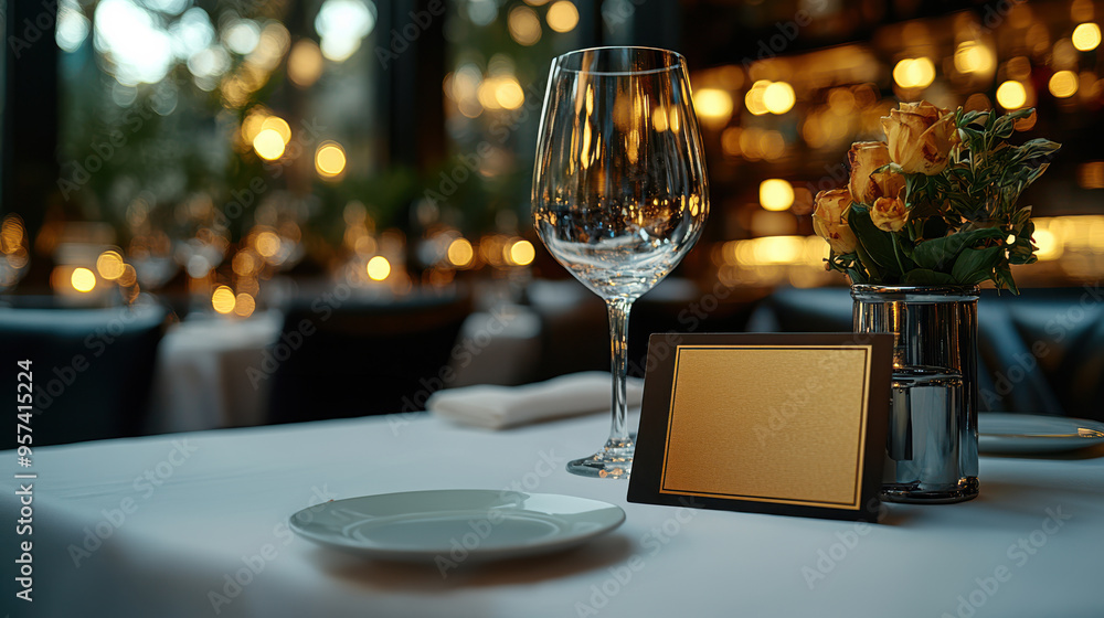Elegant dinner table setup with a small gold and black reserved card ...