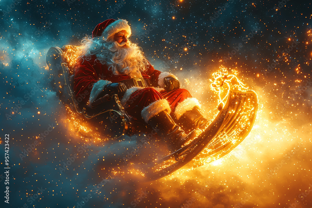 Fotografia do Stock: Santa Claus riding in his sleigh across a starry ...