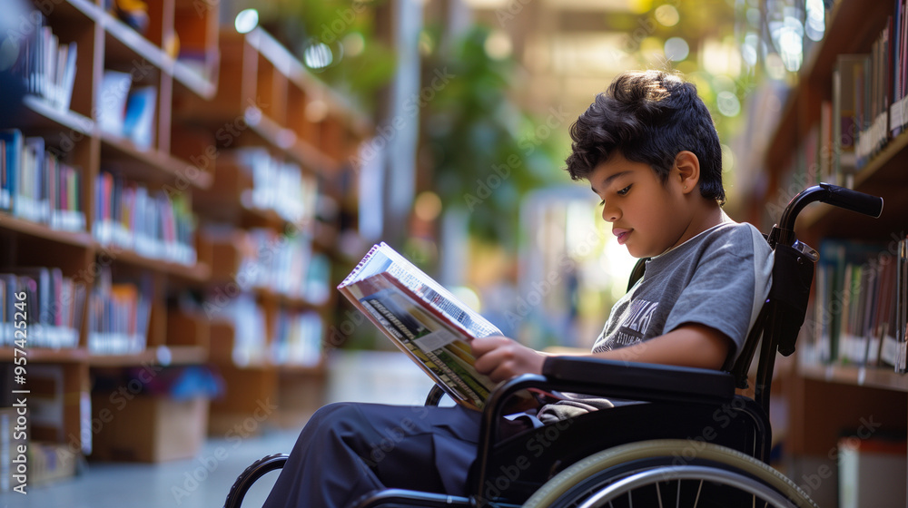 Happy young disabled mixed race school student in wheelchair reading a ...