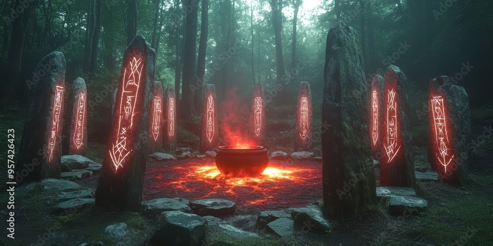 Mystical Rune Stone Circle with Glowing Symbols and Central Fire Pit in ...