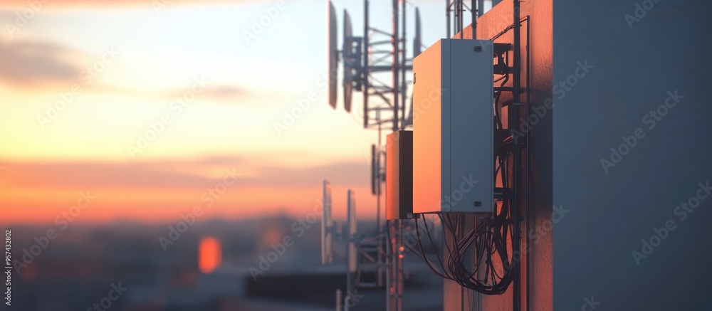 Mobile phone base station featuring 3G 4G and 5G antennas positioned on ...